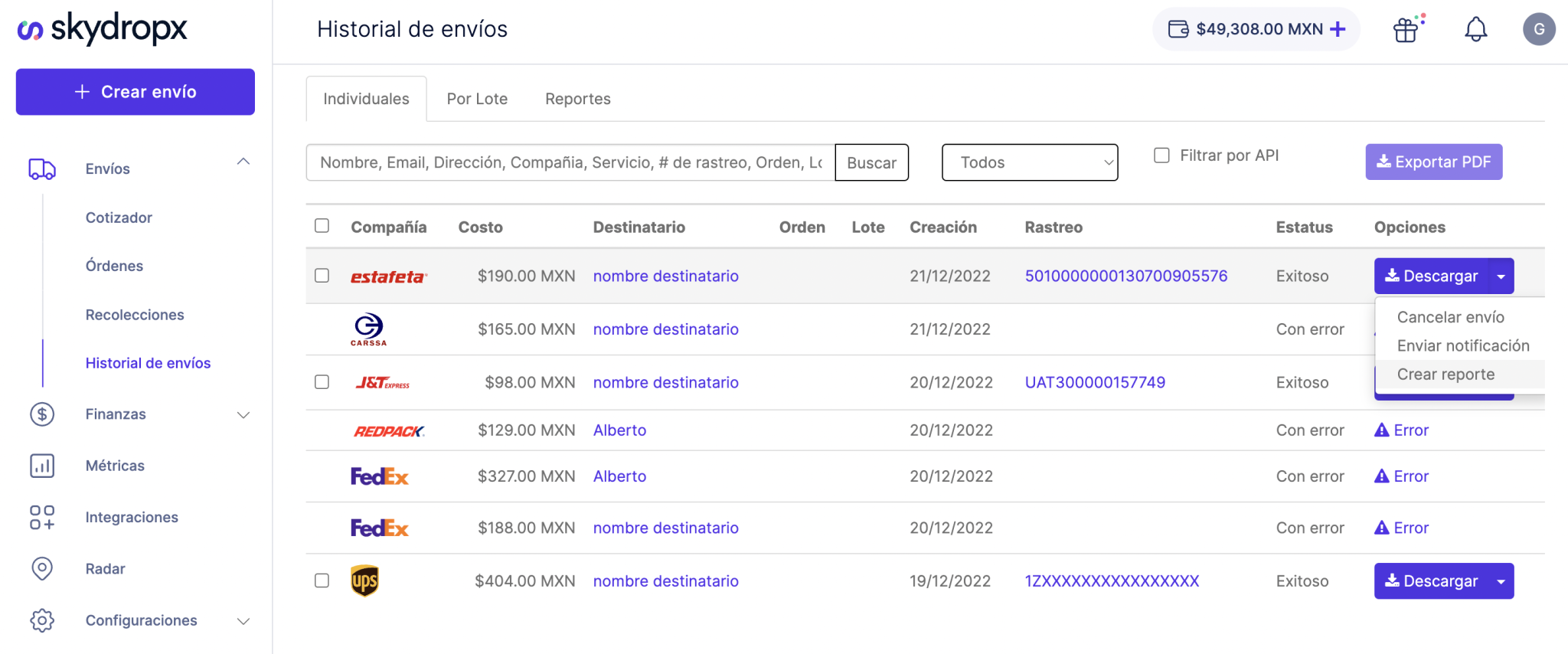 Crear un reporte de un envío en plataforma Ayuda Skydropx México 2026