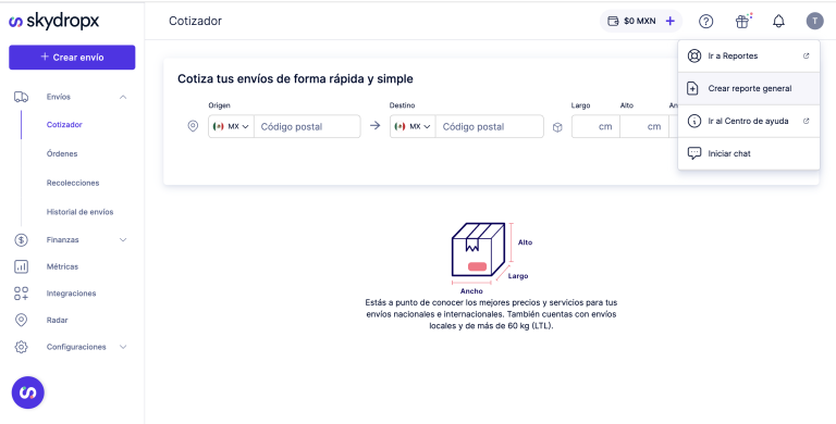 Crear un reporte general en plataforma Ayuda Skydropx México 2026